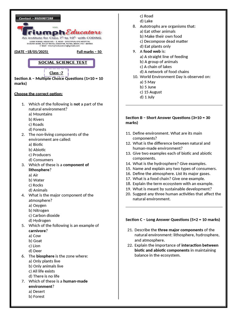 Class 9 Test Paper (All 4 Chapter 1) | PDF | Natural Environment ...