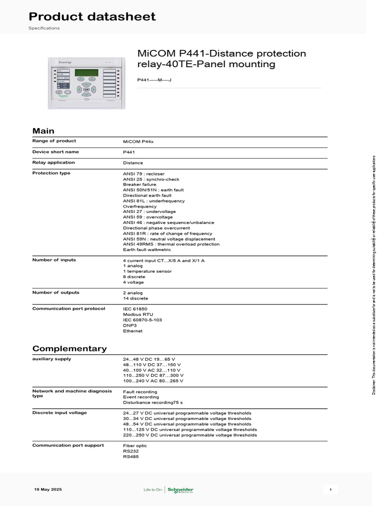 Schneider Electric - Easergy-MiCOM-P44x - P441 - M - J | PDF | Power Supply | Computer Engineering