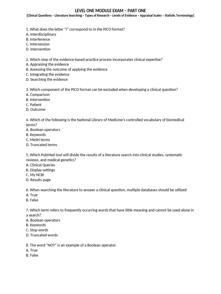 EBP Level 1 Part 1 Quiz Questions | PDF | Type I And Type Ii Errors ...