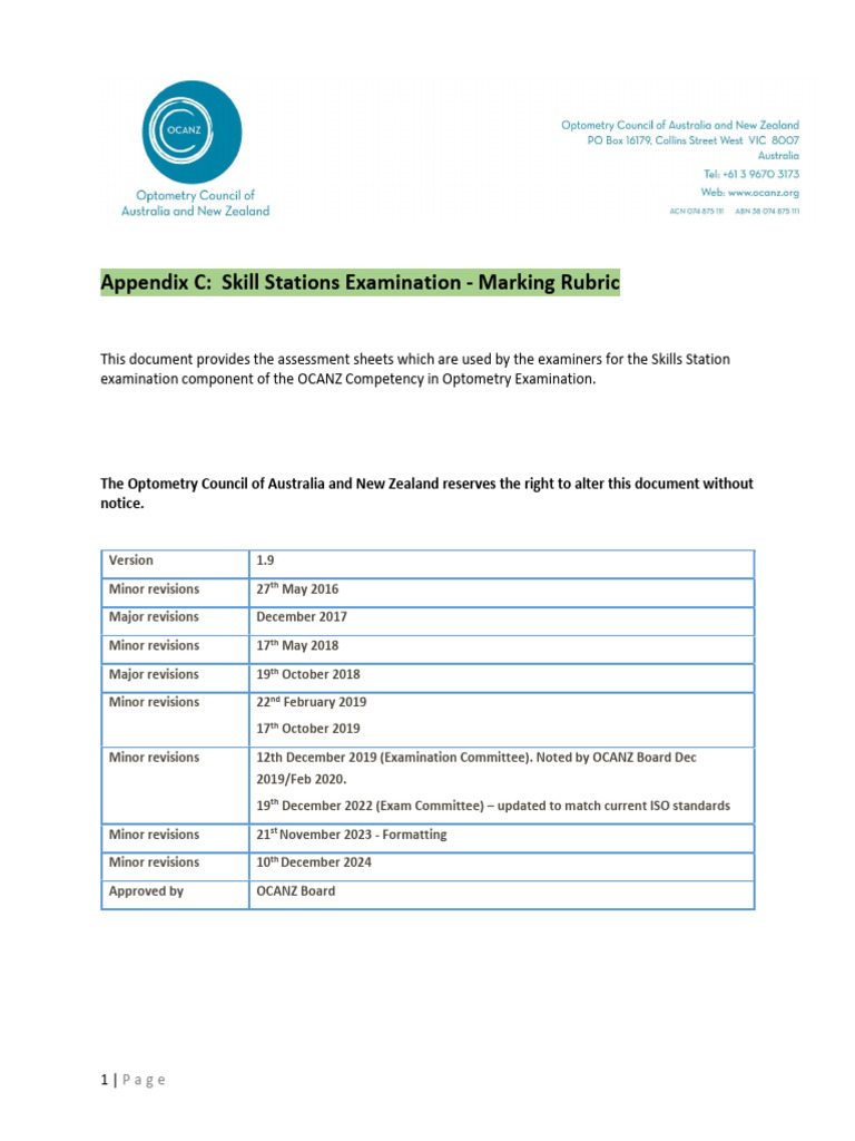 Appendix C Skills Station Examination Marking Rubric v1.9 Jan 2025 | PDF | Eye | Visual System