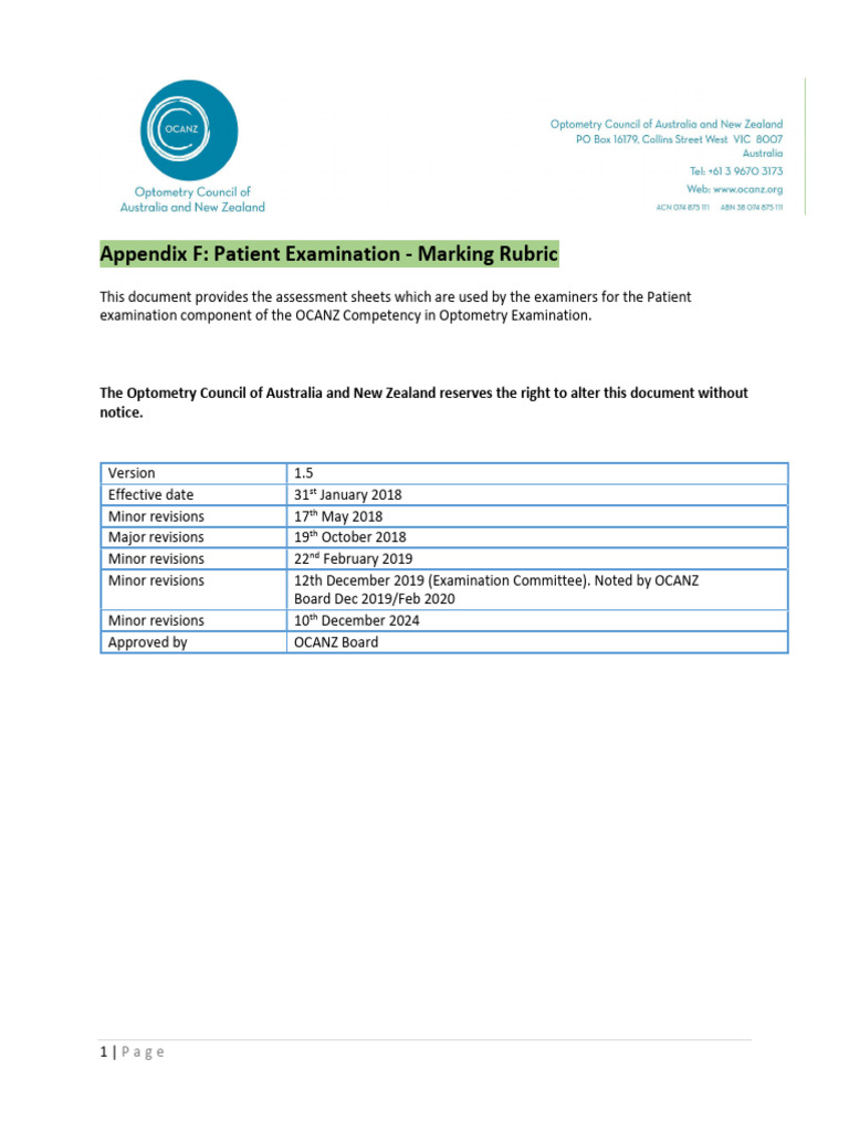 Appendix F Patient Examination Marking Rubric v1.5 | PDF | Medical Diagnosis | Eye