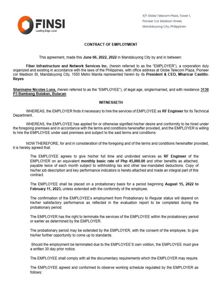 Employment Contract for RF Engineer | PDF | Employment | Confidentiality