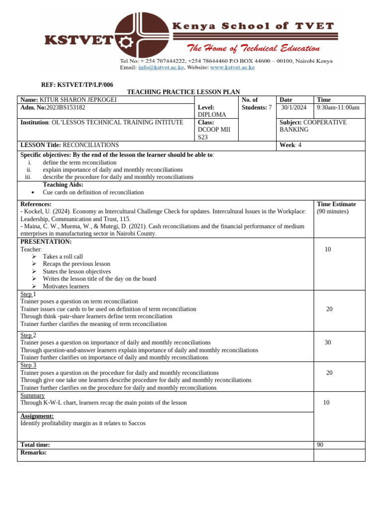 Banking Lesson Plan WK 4 (A) | PDF | Learning | Human Communication