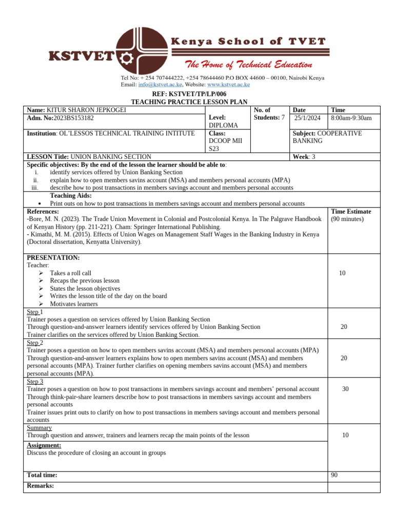 Banking Lesson Plan WK 3 (B) | PDF | Teaching | Learning