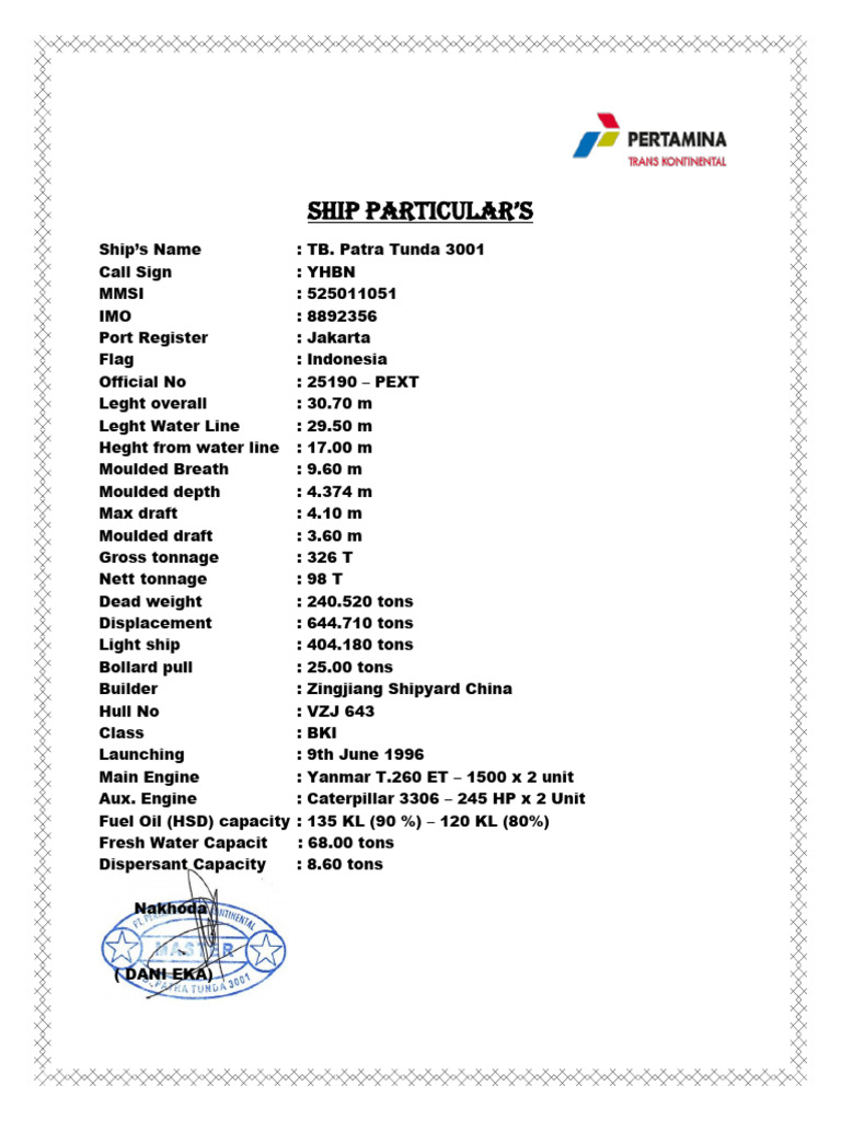 Ship Specifications for TB. Patra Tunda 3001 | PDF