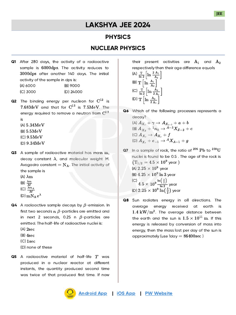 Nuclear Physics - Practice Sheet - Lakshya JEE 2024 | PDF | Radioactive ...