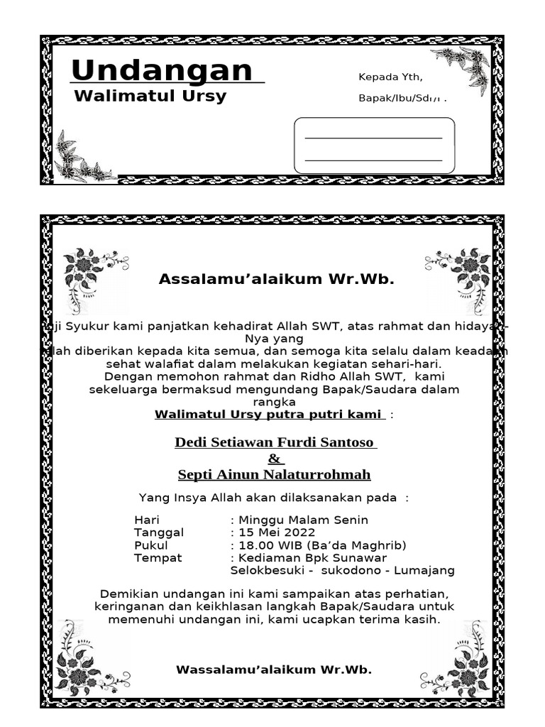 Undangan Walimatul Ursy Dedi & Septi | PDF