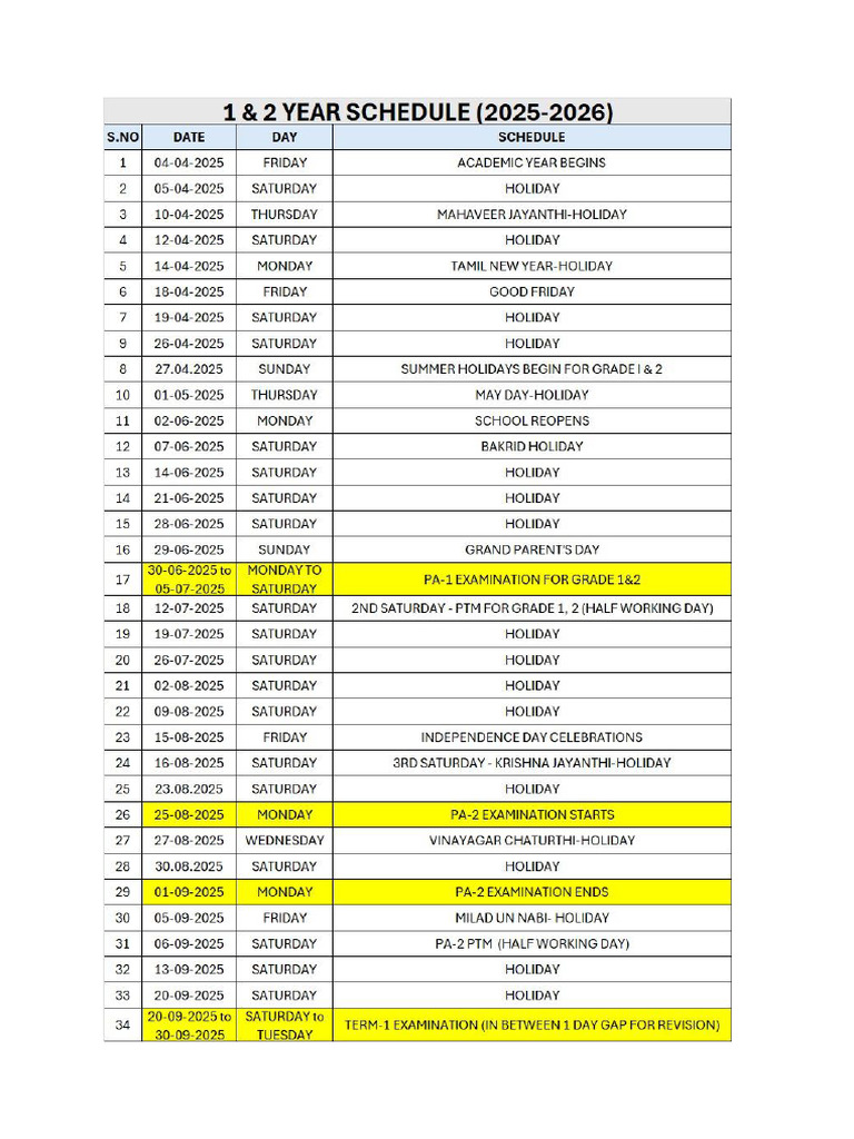 Grade 1 & 2 - Year Schedule | PDF