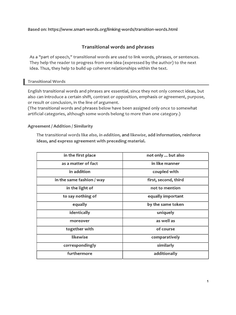 Transitional Words List | PDF