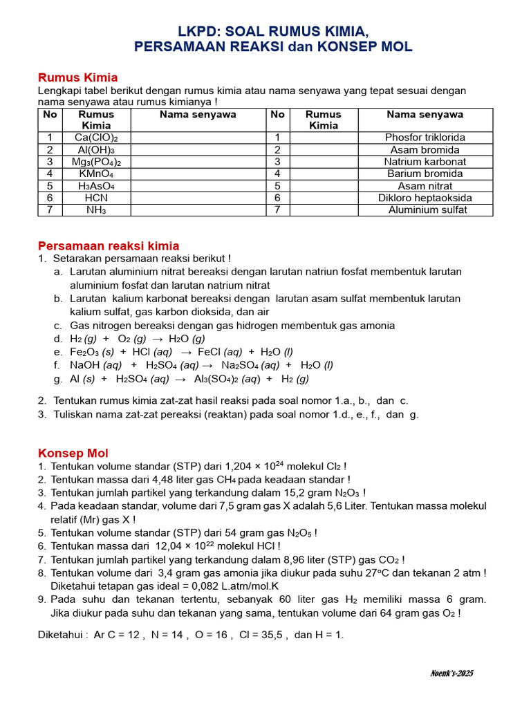 Soal Rumus Kimia dan Persamaan Reaksi | PDF