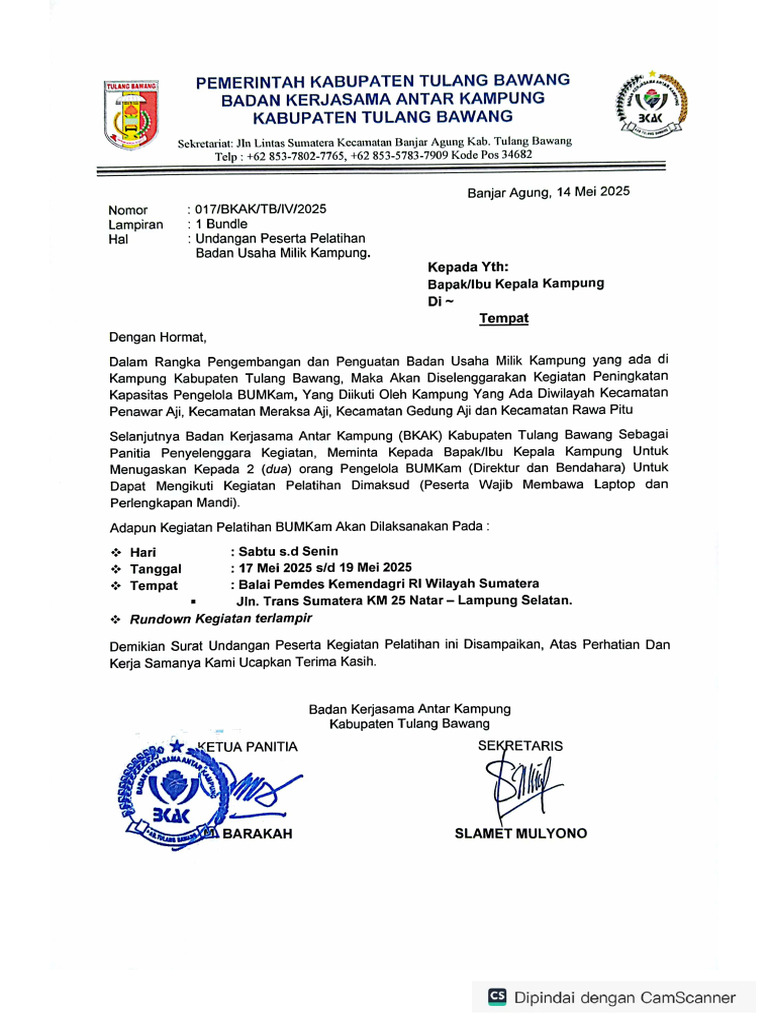 Undangan Peserta Pelatihan BUMKam 2025 | PDF