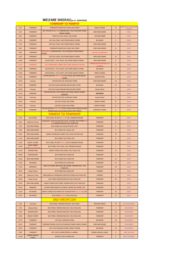 Welfare Bus Shedule 19..04.2025 | PDF