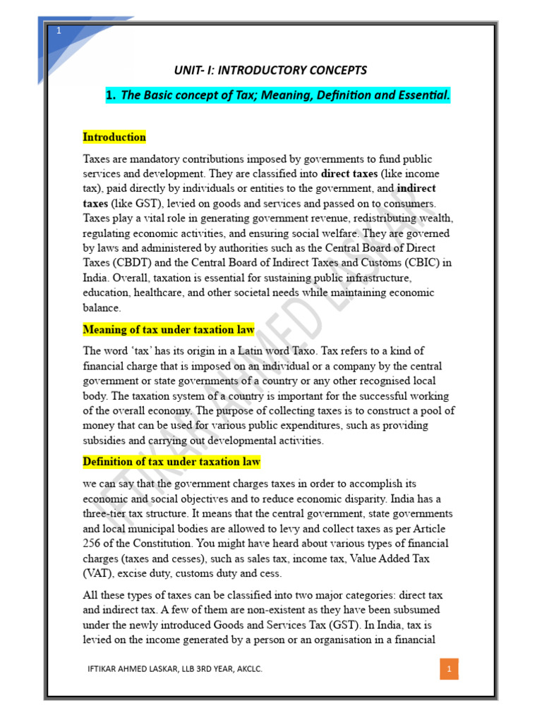 Unit 1 CH 1 The Basic Concept of TX Meaning Definition and Essential | PDF | Taxes | Direct Tax