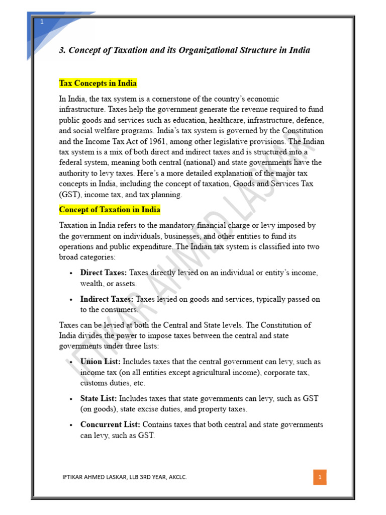 UNIT-1 CH3 CONCEPT OF TAXATION AND ITS ORGANIZATIONAL STRUCTURE INDIA. | PDF | Taxes | Value ...