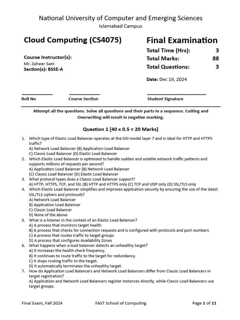 Terminal Exam Cloud Computing Fall2024 | PDF | Amazon Web Services | Databases