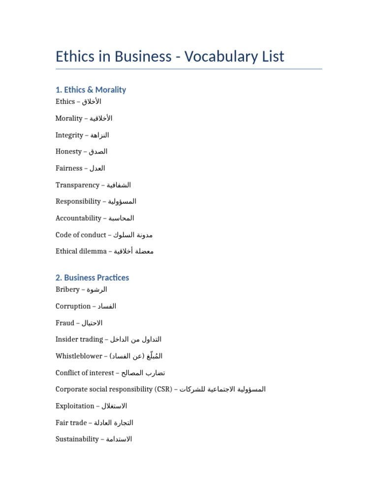Ethics in Business Vocabulary | PDF