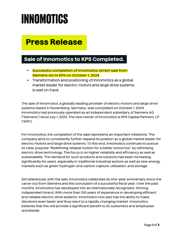 Innomotics Sale to KPS Completed | PDF | Investing | Siemens