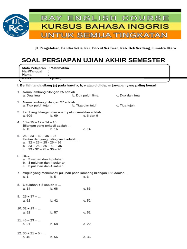 Soal Matematika Kelas 1 SD | PDF