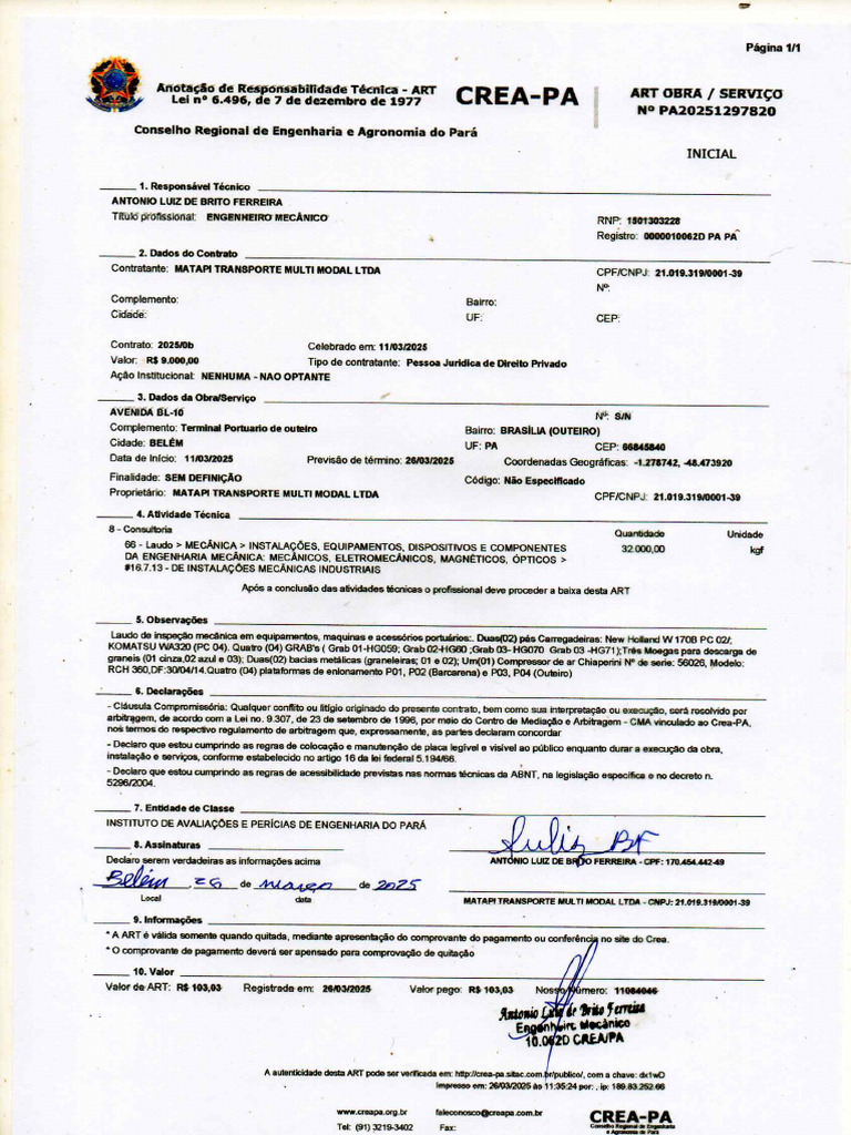 Anotação de Responsabilidade Técnica - ART EQUIPAMENTOS MATAPI 2025 | PDF