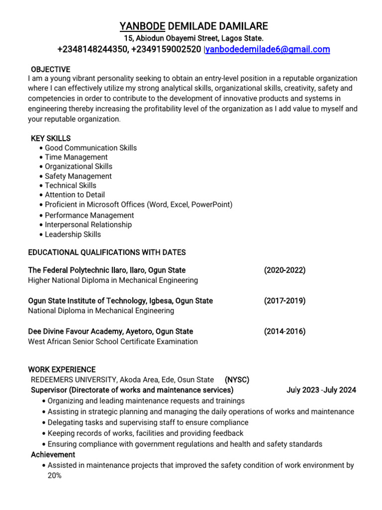 YANBODE DEMILADE CV lag 2 | PDF | Strategic Planning | Occupational Safety And Health