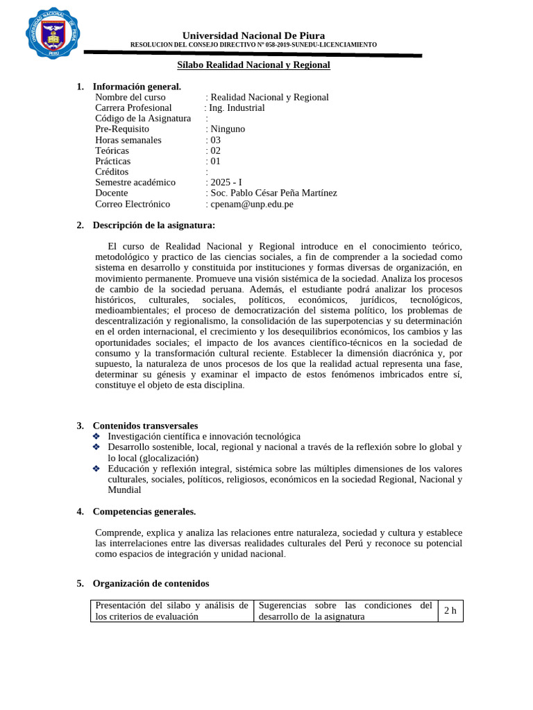 Syllabus-Realidad Nacional y Regional 2024 - I | PDF | Perú | Realidad