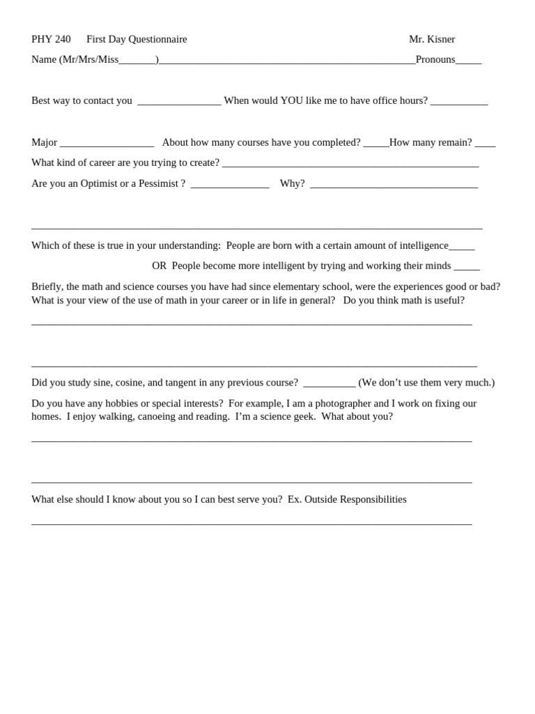 First+Day+Questionnaire++PHY+240 | PDF