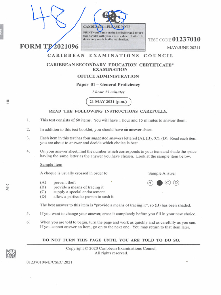 CSEC Office Administration P1 2021 MJ | PDF