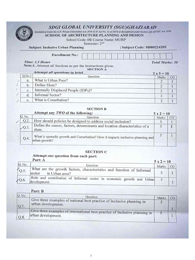 MURP-2nd Sem, 2nd Sessional Papers | PDF