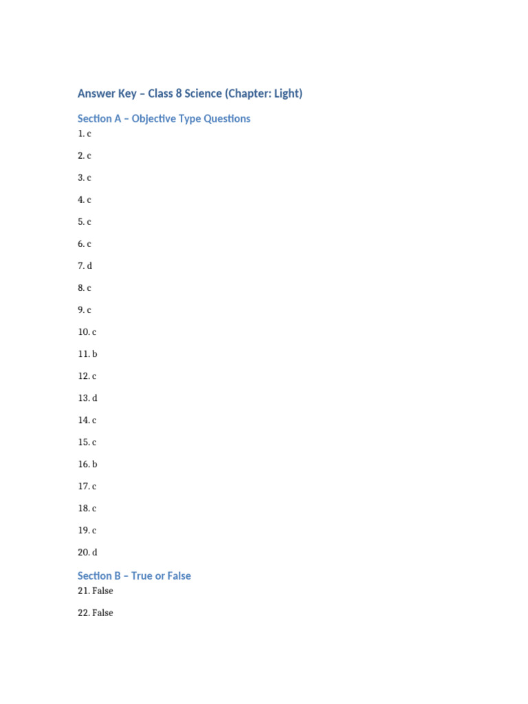 Class 8 Science Light Answer Key | PDF