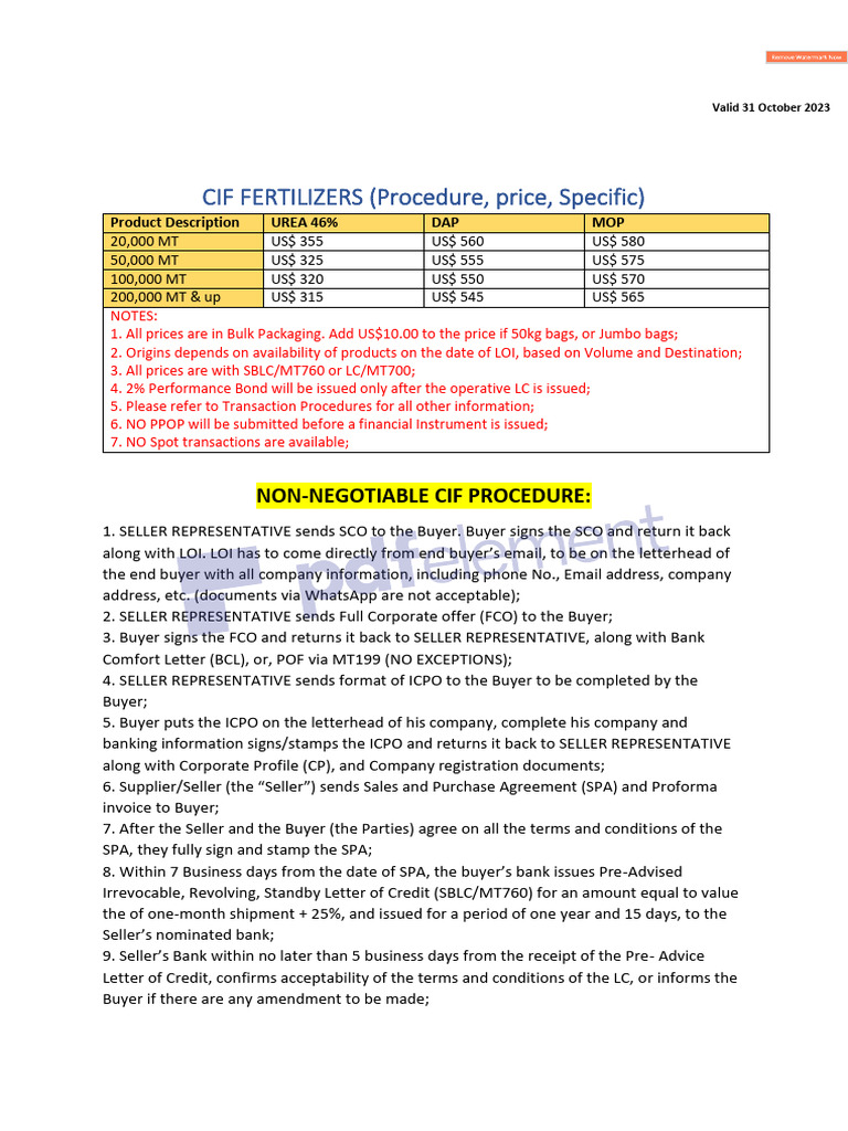CIF Fertilizers Pricing and Procedures | PDF | Letter Of Credit | Receipt