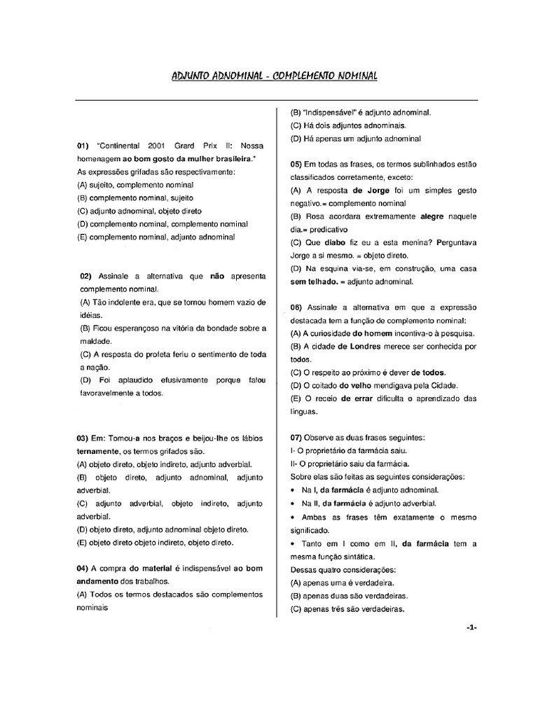 Complemento Nominal e Adjunto | PDF
