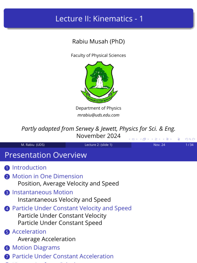 PHY103 FPS109 Lecture2 | PDF | Kinematics | Velocity