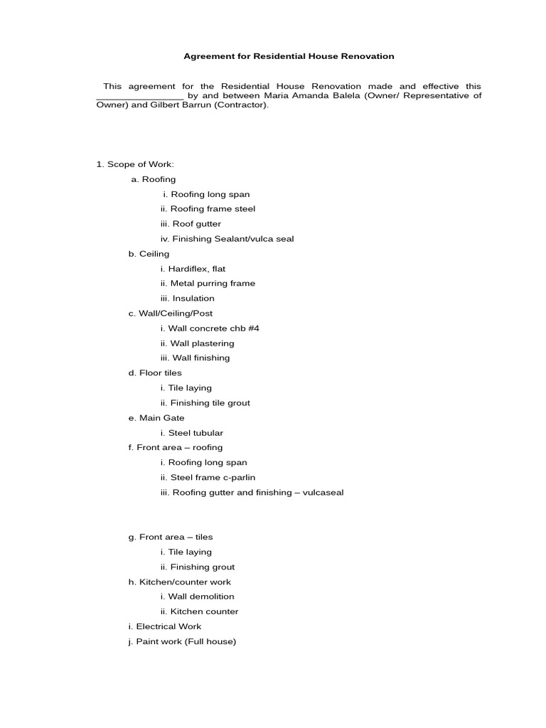Agreement For Residential House Renovate | PDF