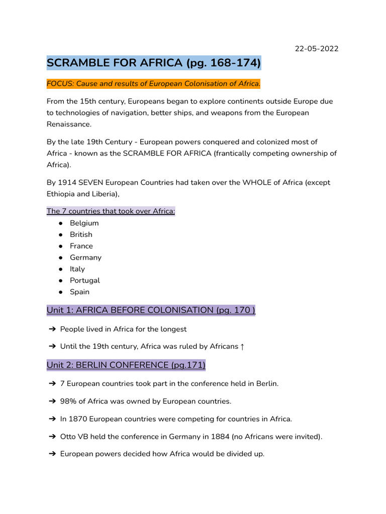 History Notes - Scramble For Africa | PDF | Africa | Afro Eurasia