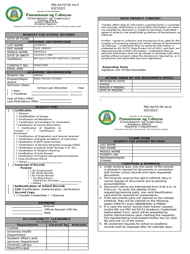 PNC AA-FO-58 Request For School Records (20230322140002) PAUL | PDF