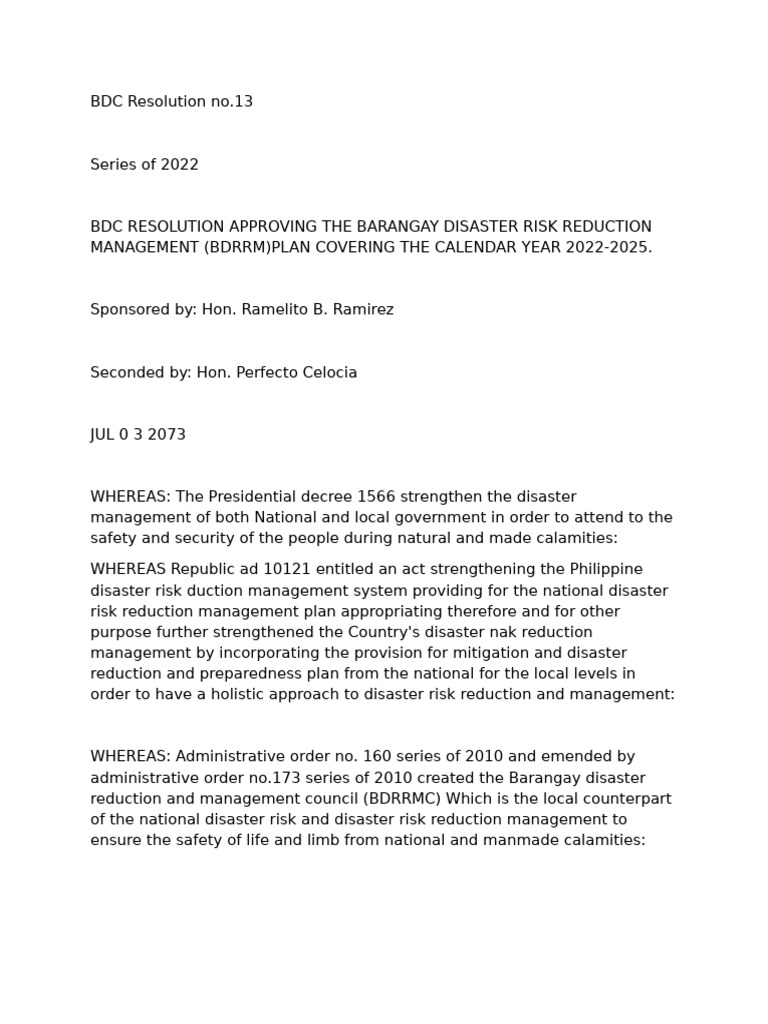 Resolution No. 14 BDRRM Plan | PDF