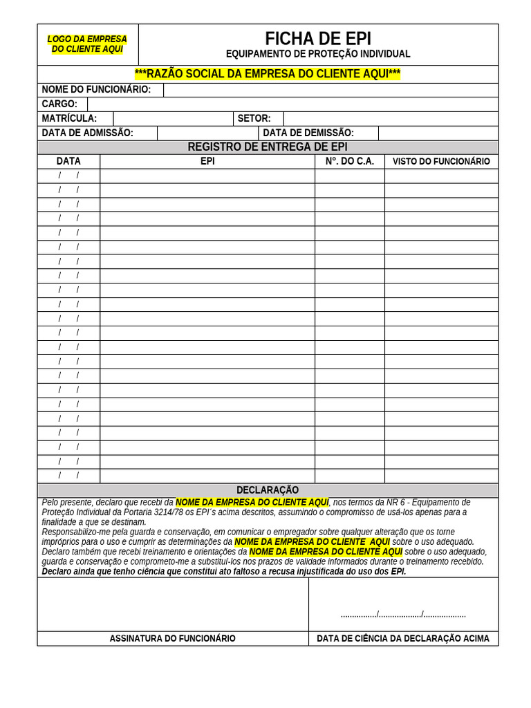 Ficha de Entrega de EPI para Funcionários | PDF