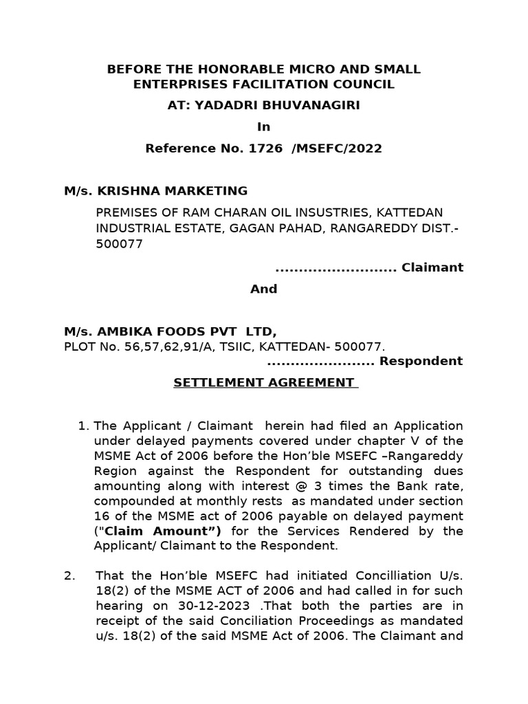 Settlement Agreement Cum Joint Memo-Svdc | PDF | Settlement (Litigation ...