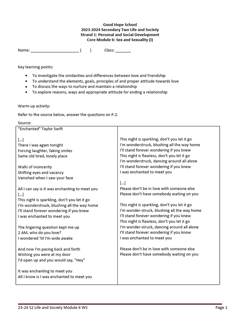 23-24 S2 Term 1 Module 6 WS Xmas Ans | PDF | Love | Intimate Relationships