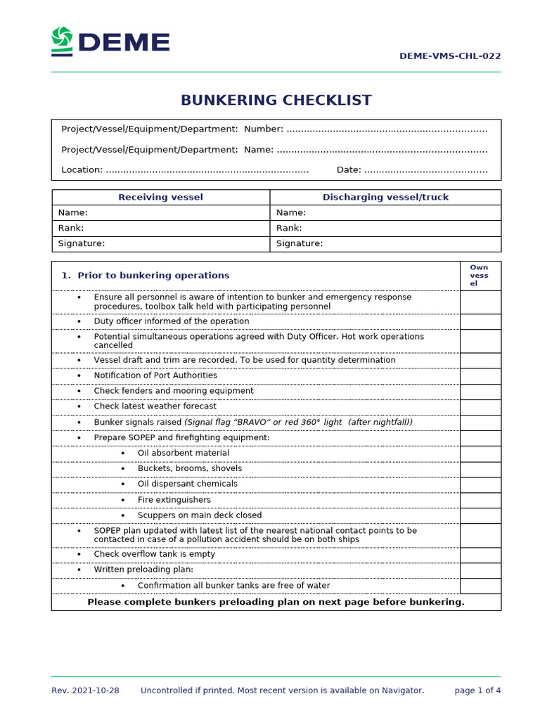 DEME VMS CHL 022 BunkerchecklistE | PDF | Valve