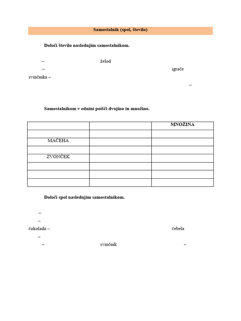 Delovni List Samostalnik 2 | PDF