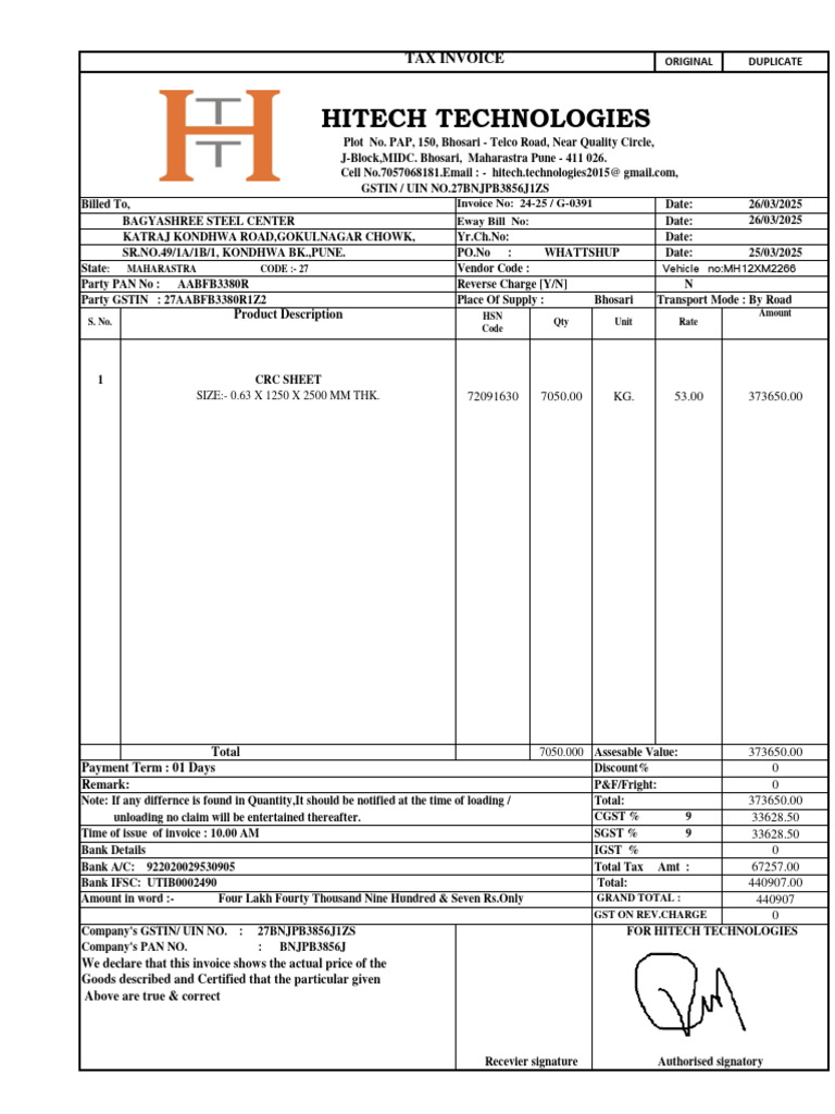 BHGYASHREE STEEL CENTER 0391 | PDF | Invoice | Taxation