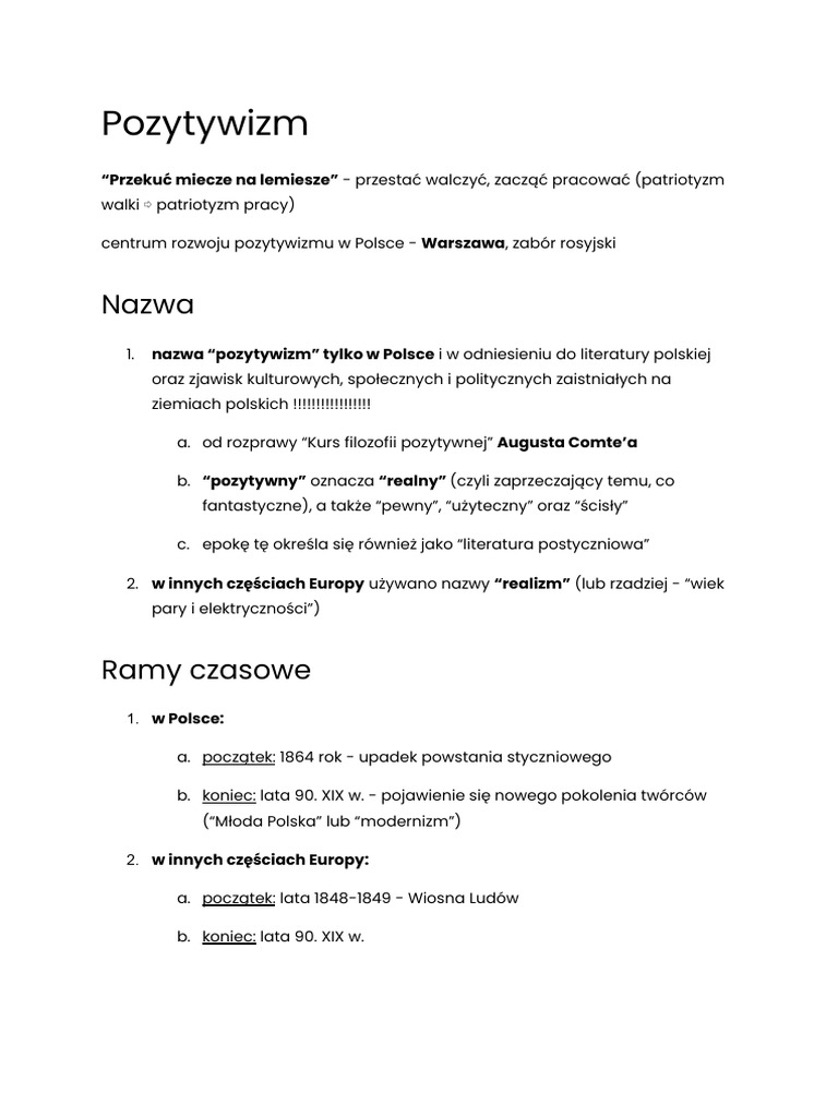 Pozytywizm - Język Polski Notatka Do Matury | PDF
