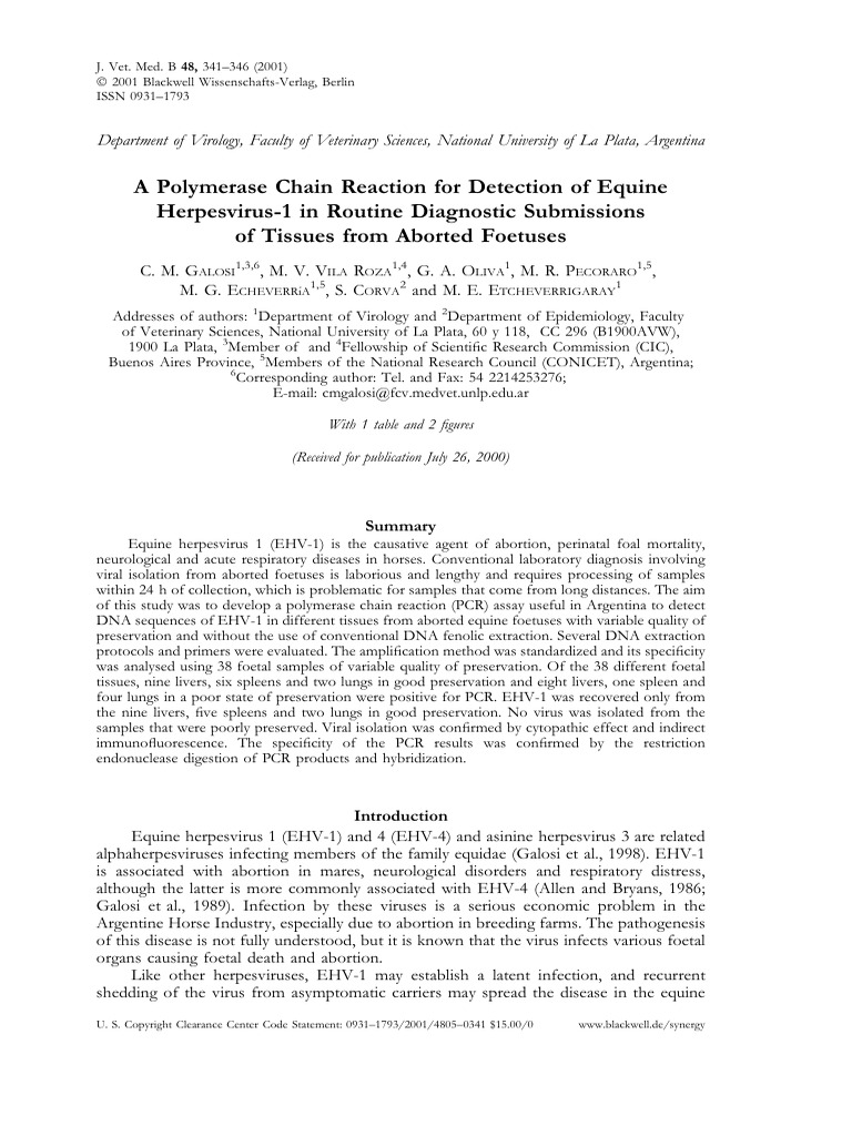 A Polymerase Chain Reaction For Detection of Equine Herpesvirus-1 in ...