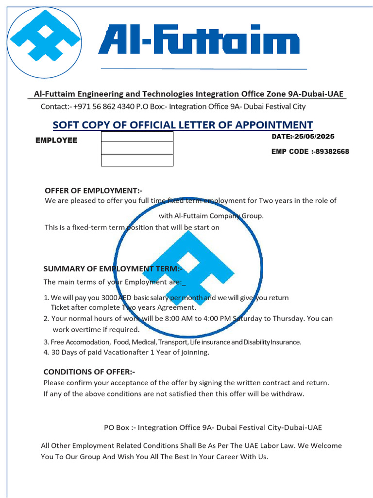 Hardev Singh Job Offer Letter 3 | PDF | Employment | United Arab Emirates