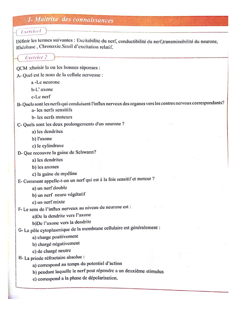 Exercice la communication nerveuse : 1bac S exp | PDF