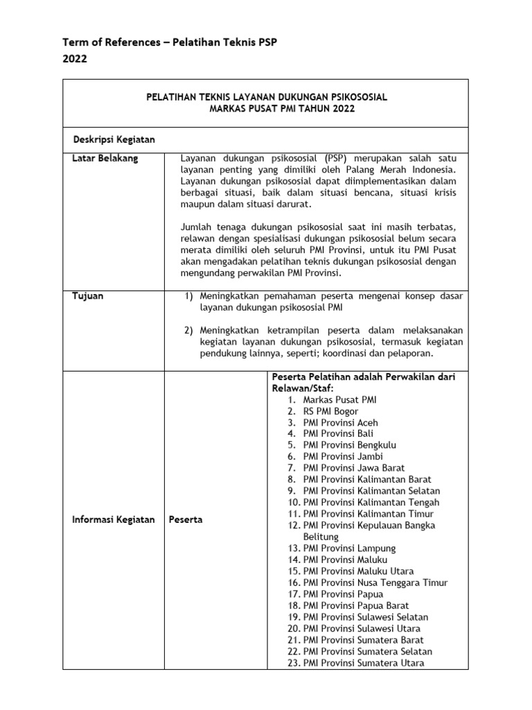 TOR - Pelatihan Teknis PSP | PDF