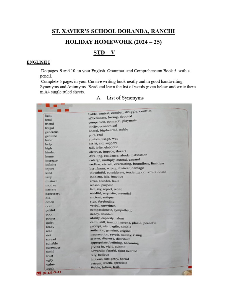 Class 5 Holiday Homework 2 | PDF | Writing