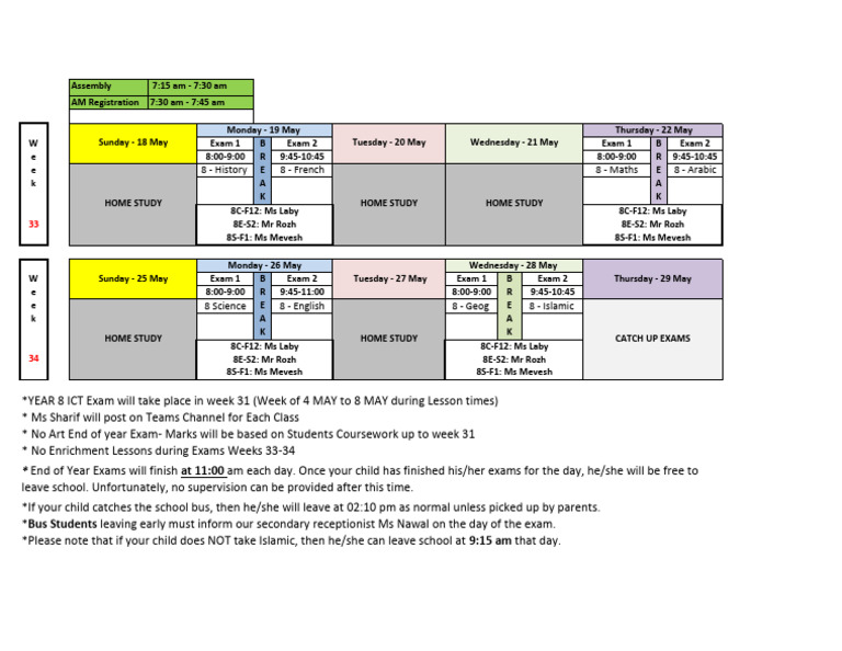 Year 8 End of Year Exam Schedule 2025 | PDF