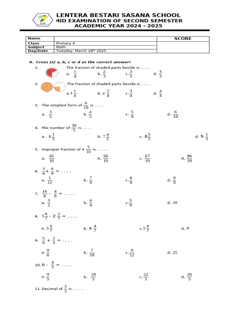 MID 2 Math P4 2024-2025 | PDF | Decimal | Mathematical Objects